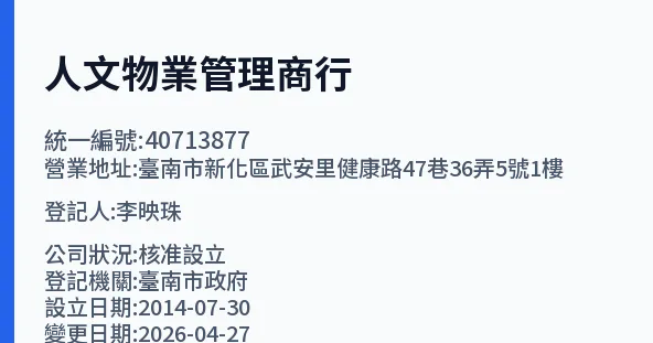 人文物業管理商行的照片-統編 40713877(臺南市) 公司登記資料與營業項目詳細圖表
