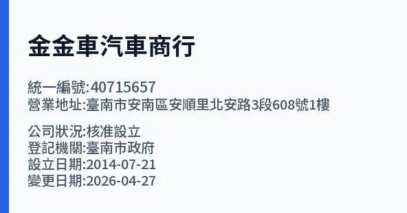 金金車汽車商行的照片-統編 40715657(臺南市) 公司登記資料與營業項目詳細圖表