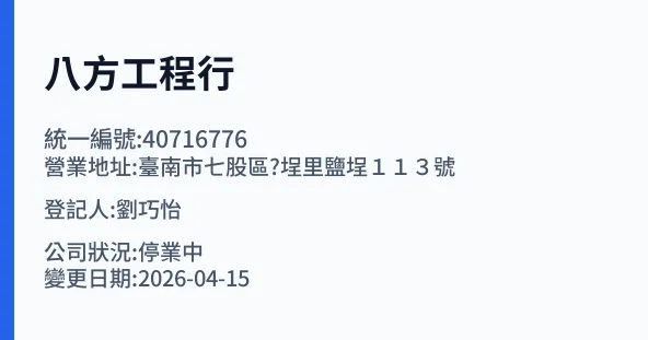 八方工程行的照片-統編 40716776(臺南市) 公司登記資料與營業項目詳細圖表