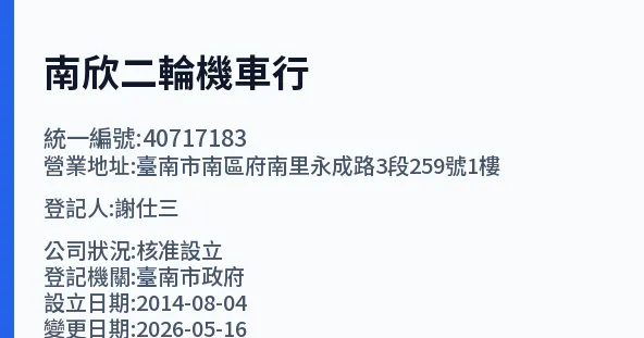 南欣二輪機車行的照片-統編 40717183(臺南市) 公司登記資料與營業項目詳細圖表