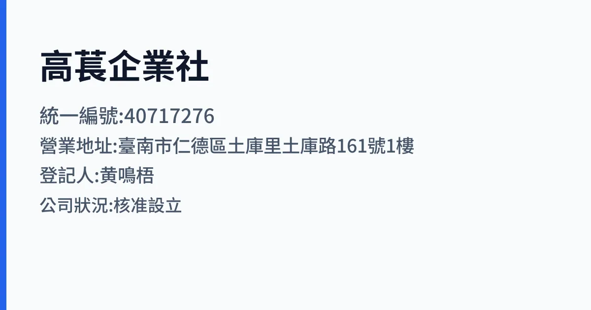 高萇企業社 - 統編 40717276(臺南市) 公司登記資料與營業項目詳細圖表
