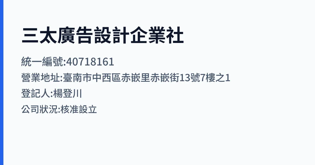 三太廣告設計企業社 - 統編 40718161(臺南市) 公司登記資料與營業項目詳細圖表