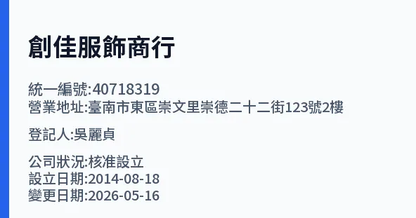 創佳服飾商行的照片-統編 40718319(臺南市) 公司登記資料與營業項目詳細圖表