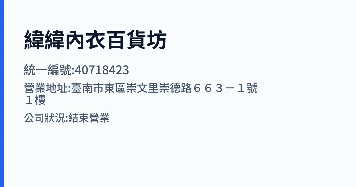 緯緯內衣百貨坊 - 統編 40718423(臺南市) 公司登記資料與營業項目詳細圖表