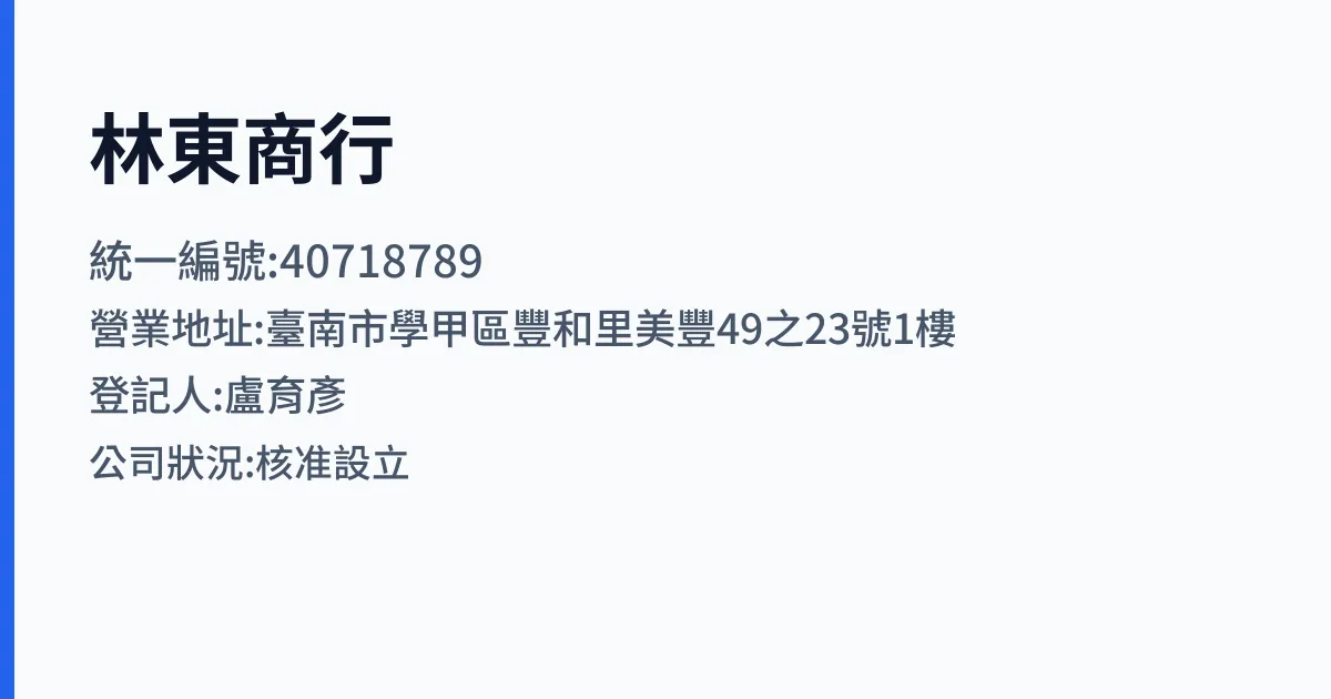 林東商行 - 統編 40718789(臺南市) 公司登記資料與營業項目詳細圖表