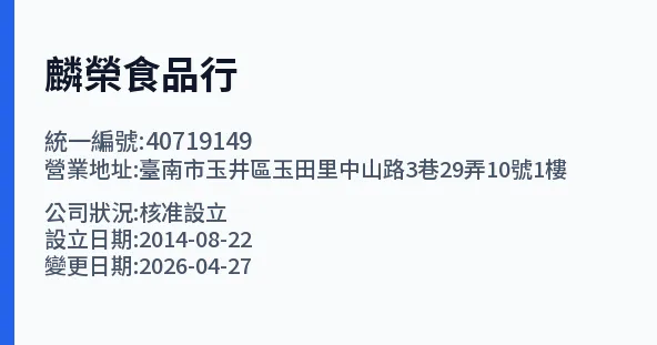 麟榮食品行的照片-統編 40719149(臺南市) 公司登記資料與營業項目詳細圖表