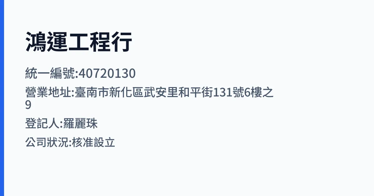 鴻運工程行 - 統編 40720130(臺南市) 公司登記資料與營業項目詳細圖表