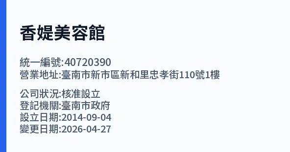 香媞美容館的照片-統編 40720390(臺南市) 公司登記資料與營業項目詳細圖表