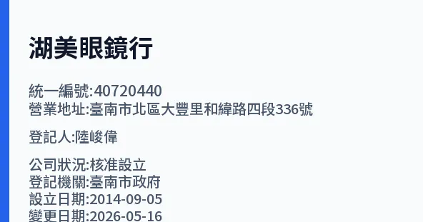 湖美眼鏡行的照片-統編 40720440(臺南市) 公司登記資料與營業項目詳細圖表