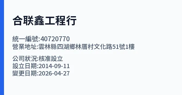 合联鑫工程行的照片-統編 40720770(雲林縣) 公司登記資料與營業項目詳細圖表