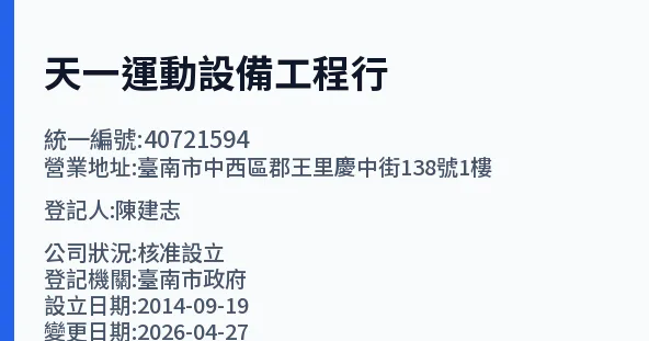天一運動設備工程行的照片-統編 40721594(臺南市) 公司登記資料與營業項目詳細圖表