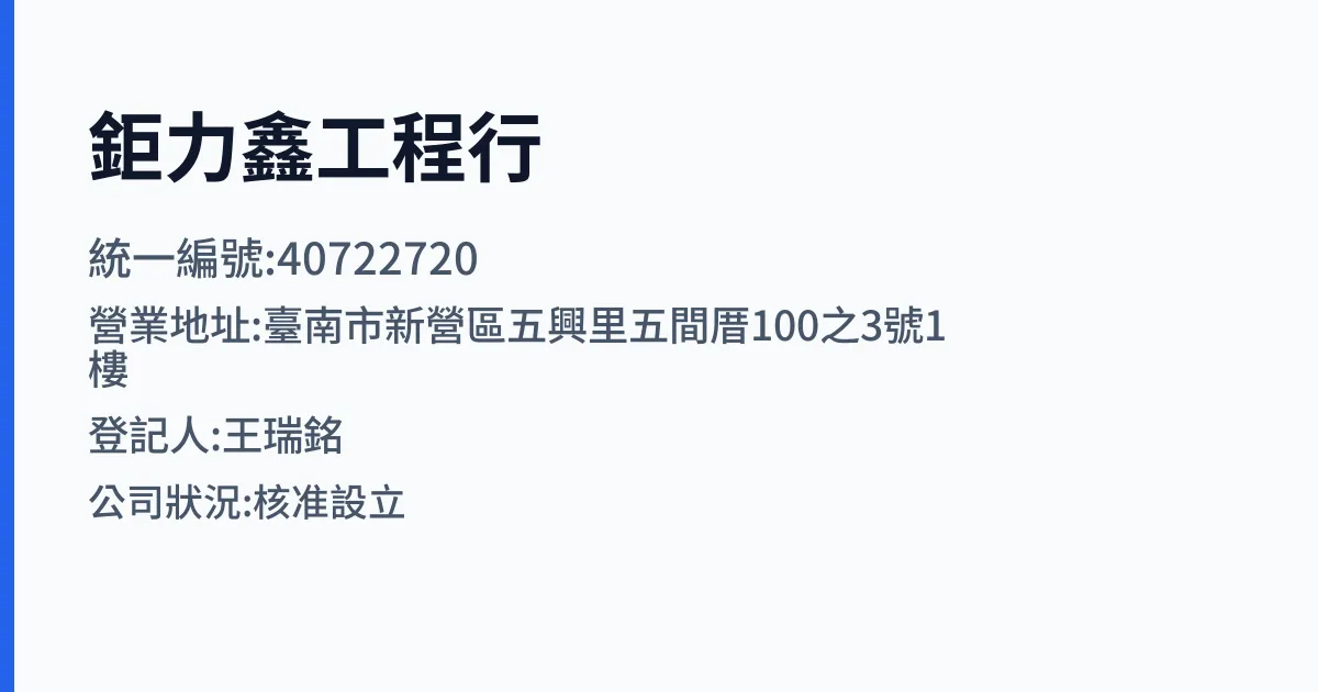 鉅力鑫工程行 - 統編 40722720(臺南市) 公司登記資料與營業項目詳細圖表