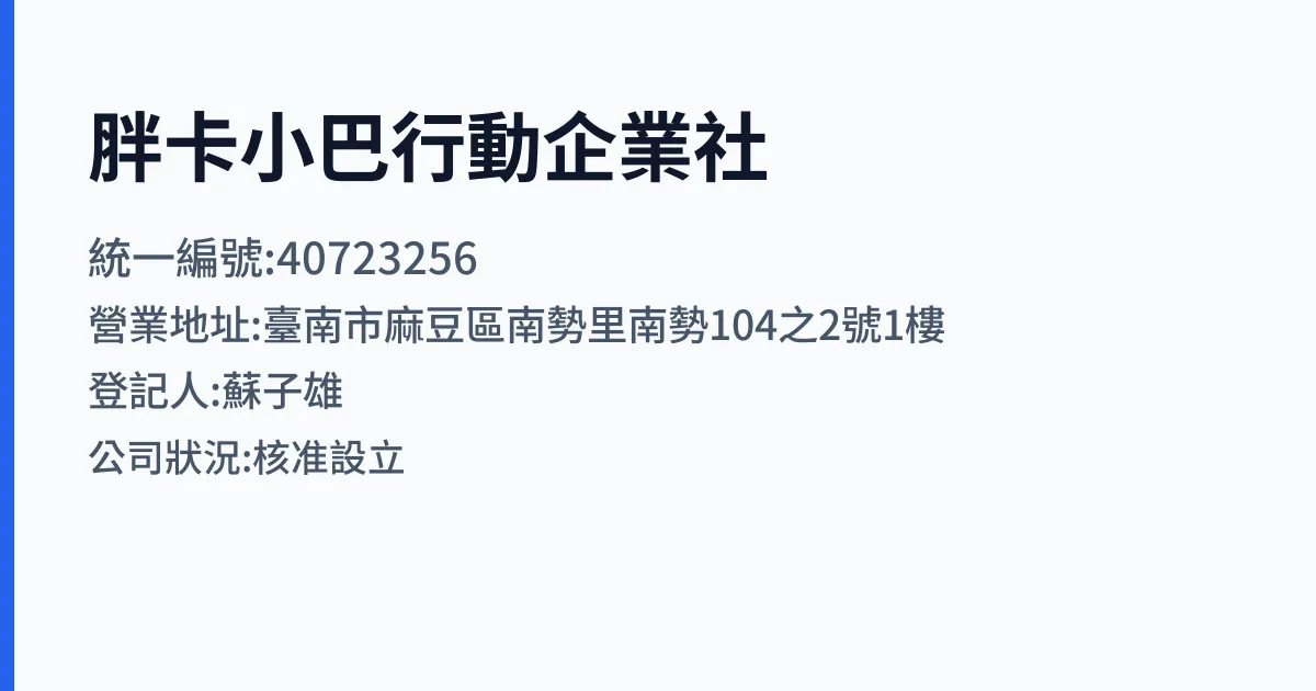 胖卡小巴行動企業社 - 統編 40723256(臺南市) 公司登記資料與營業項目詳細圖表
