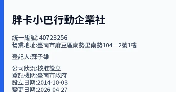 胖卡小巴行動企業社的照片-統編 40723256(臺南市) 公司登記資料與營業項目詳細圖表
