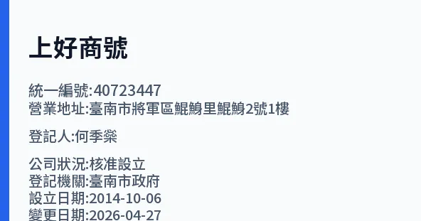 上好商號的照片-統編 40723447(臺南市) 公司登記資料與營業項目詳細圖表