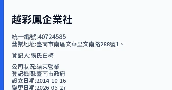 越彩鳳企業社的照片-統編 40724585(臺南市) 公司登記資料與營業項目詳細圖表