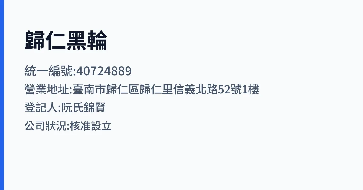歸仁黑輪 - 統編 40724889(臺南市) 公司登記資料與營業項目詳細圖表