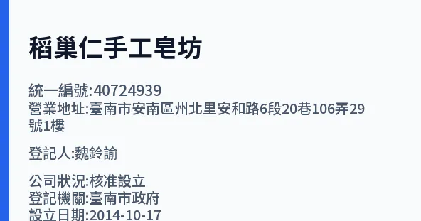 稻巢仁手工皂坊的照片-統編 40724939(臺南市) 公司登記資料與營業項目詳細圖表