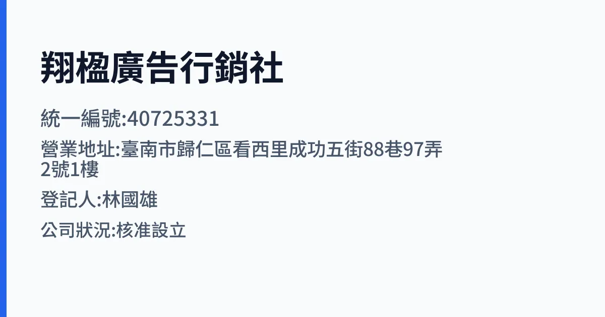 翔楹廣告行銷社 - 統編 40725331(臺南市) 公司登記資料與營業項目詳細圖表