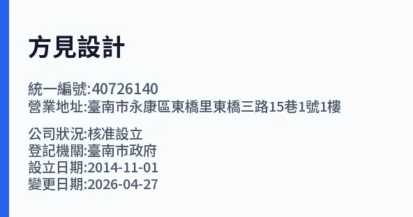 方見設計的照片-統編 40726140(臺南市) 公司登記資料與營業項目詳細圖表