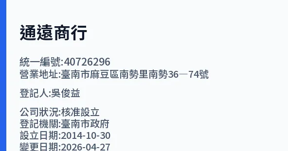通遠商行的照片-統編 40726296(臺南市) 公司登記資料與營業項目詳細圖表