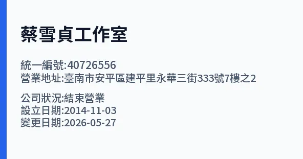 蔡雪貞工作室的照片-統編 40726556(臺南市) 公司登記資料與營業項目詳細圖表