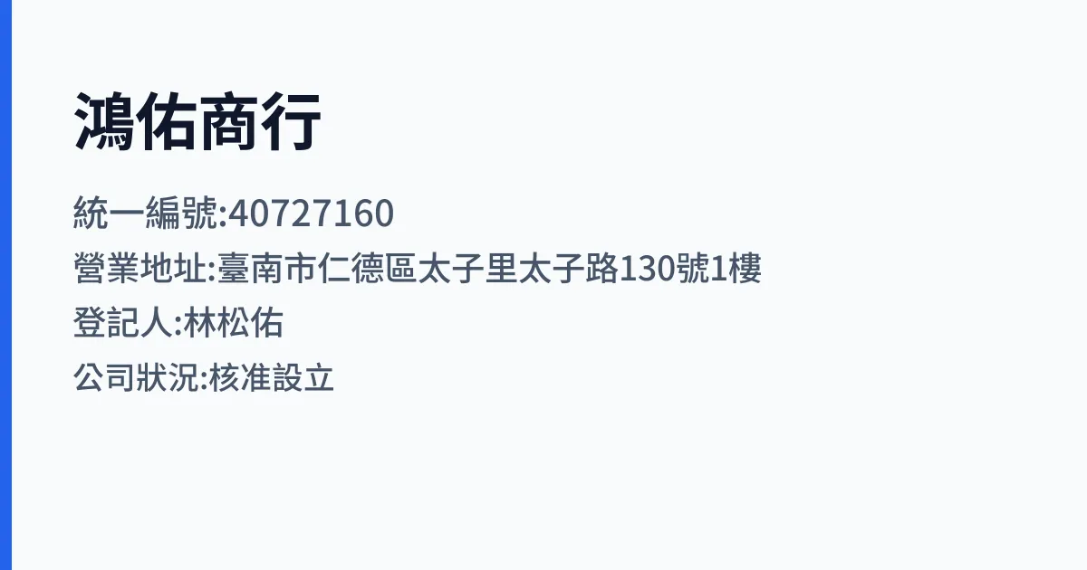 鴻佑商行 - 統編 40727160(臺南市) 公司登記資料與營業項目詳細圖表