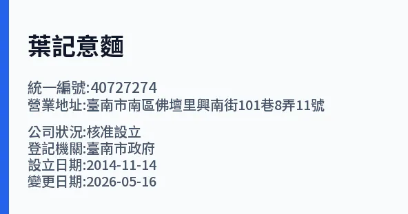 葉記意麵的照片-統編 40727274(臺南市) 公司登記資料與營業項目詳細圖表