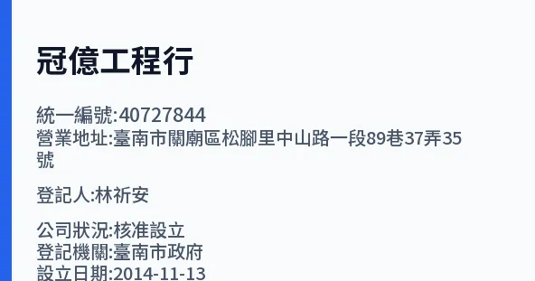 冠億工程行的照片-統編 40727844(臺南市) 公司登記資料與營業項目詳細圖表