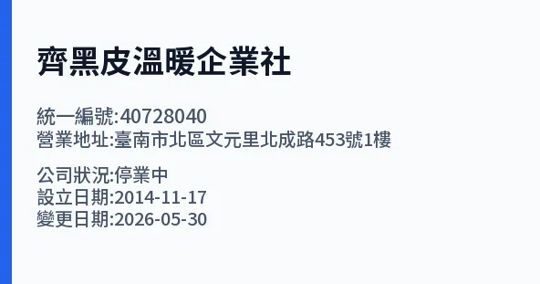 齊黑皮溫暖企業社的照片-統編 40728040(臺南市) 公司登記資料與營業項目詳細圖表