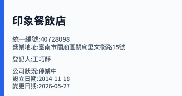 印象餐飲店的照片-統編 40728098(臺南市) 公司登記資料與營業項目詳細圖表
