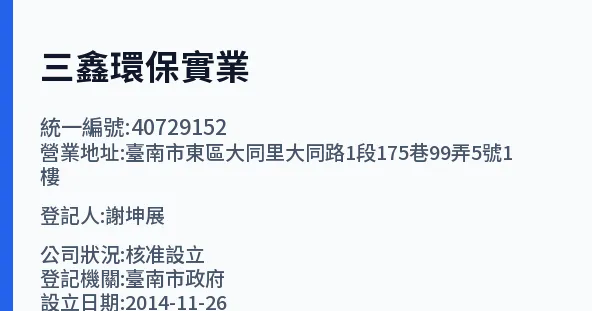 三鑫環保實業的照片-統編 40729152(臺南市) 公司登記資料與營業項目詳細圖表