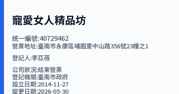 寵愛女人精品坊的照片-統編 40729462(臺南市) 公司登記資料與營業項目詳細圖表