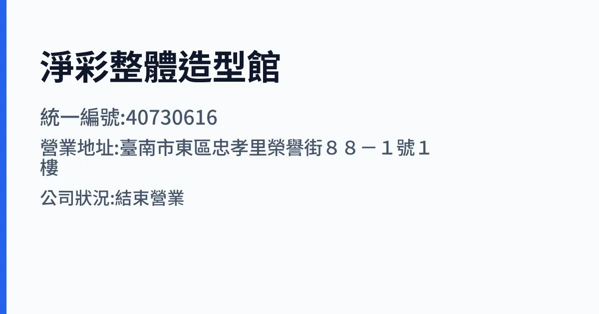 淨彩整體造型館 - 統編 40730616(臺南市) 公司登記資料與營業項目詳細圖表