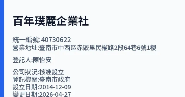 百年璞麗企業社的照片-統編 40730622(臺南市) 公司登記資料與營業項目詳細圖表