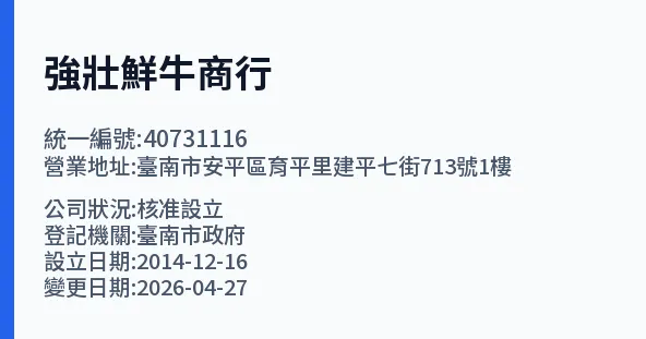 強壯鮮牛商行的照片-統編 40731116(臺南市) 公司登記資料與營業項目詳細圖表