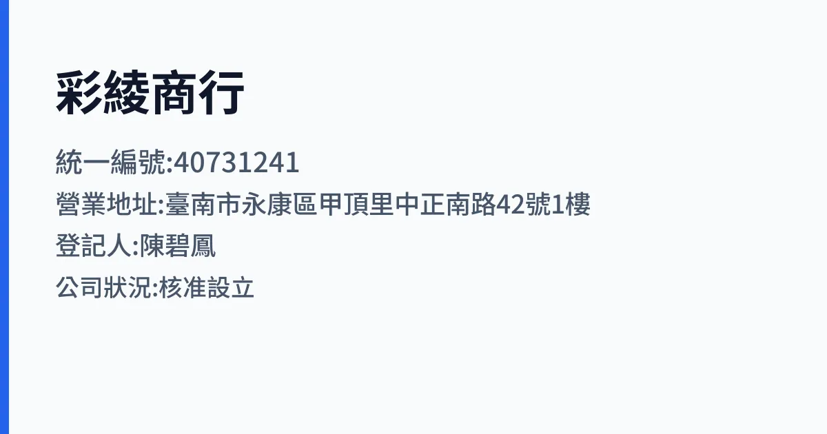 彩綾商行 - 統編 40731241(臺南市) 公司登記資料與營業項目詳細圖表