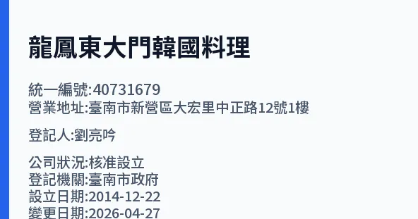 龍鳳東大門韓國料理的照片-統編 40731679(臺南市) 公司登記資料與營業項目詳細圖表