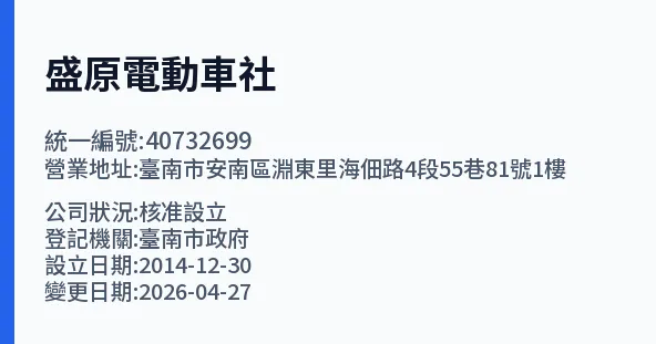 盛原電動車社的照片-統編 40732699(臺南市) 公司登記資料與營業項目詳細圖表