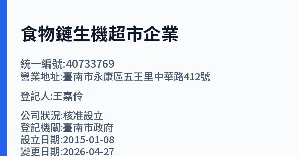 食物鏈生機超市企業的照片-統編 40733769(臺南市) 公司登記資料與營業項目詳細圖表