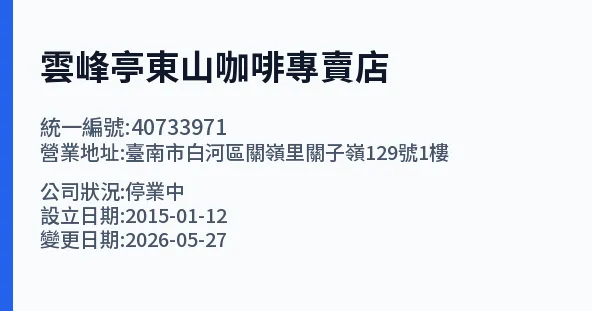 雲峰亭東山咖啡專賣店的照片-統編 40733971(臺南市) 公司登記資料與營業項目詳細圖表