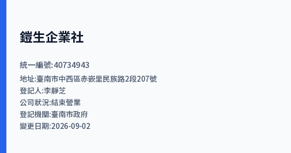 鎧生企業社的照片-統編 40734943(臺南市) 公司登記資料與營業項目詳細圖表