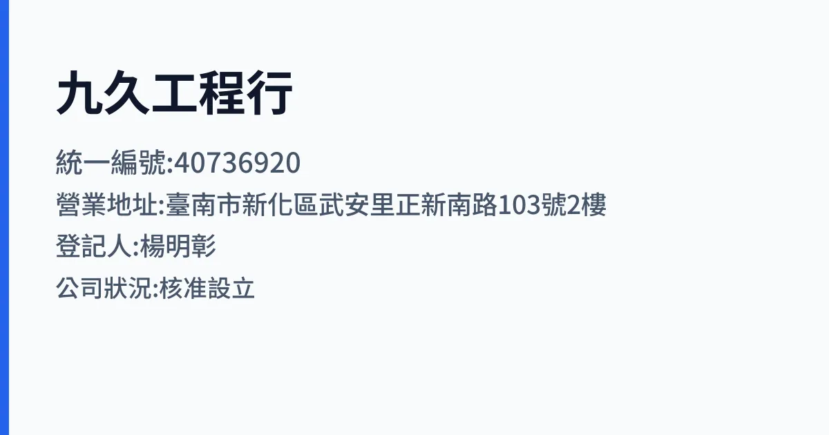 九久工程行 - 統編 40736920(臺南市) 公司登記資料與營業項目詳細圖表