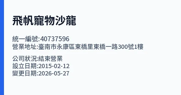 飛帆寵物沙龍的照片-統編 40737596(臺南市) 公司登記資料與營業項目詳細圖表