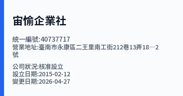 宙愉企業社的照片-統編 40737717(臺南市) 公司登記資料與營業項目詳細圖表