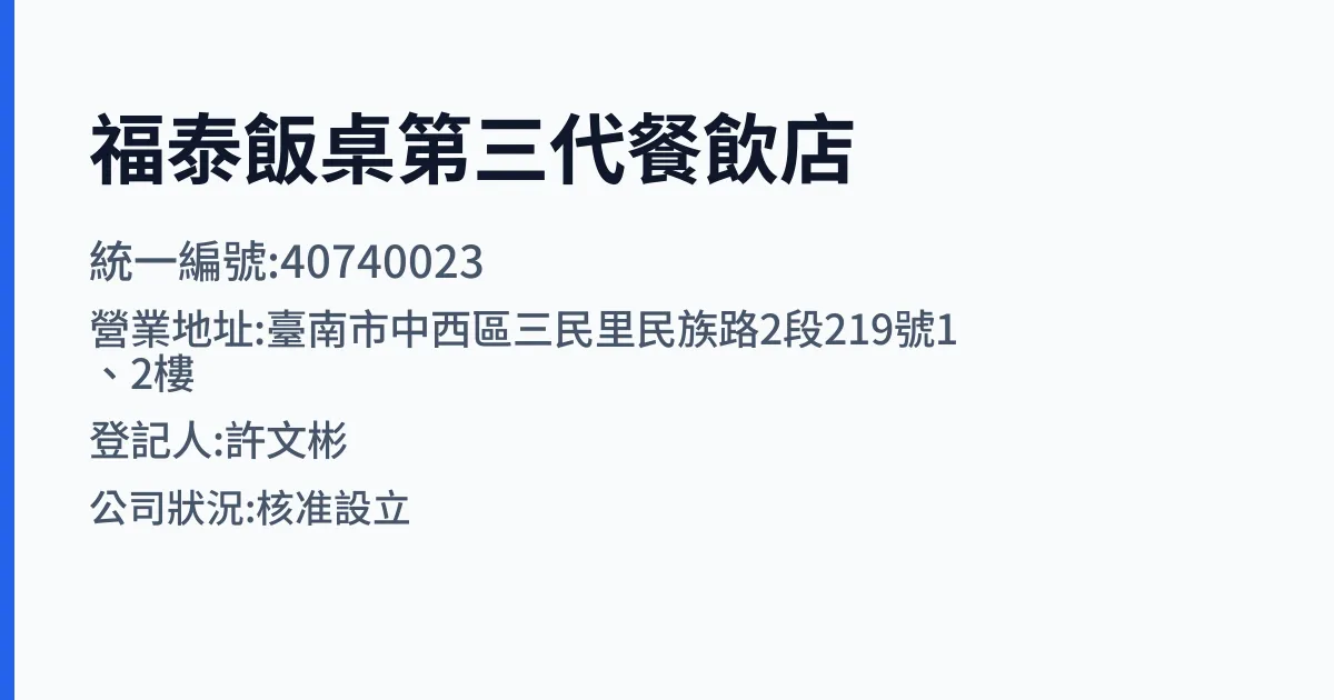 福泰飯桌第三代餐飲店 - 統編 40740023（臺南市） 公司登記資料與營業項目詳細圖表