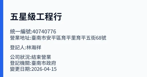 五星級工程行的照片-統編 40740776(臺南市) 公司登記資料與營業項目詳細圖表