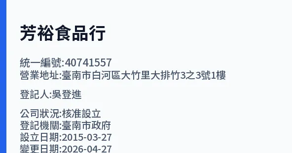 芳裕食品行的照片-統編 40741557(臺南市) 公司登記資料與營業項目詳細圖表