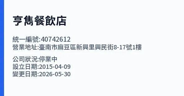 亨雋餐飲店的照片-統編 40742612(臺南市) 公司登記資料與營業項目詳細圖表