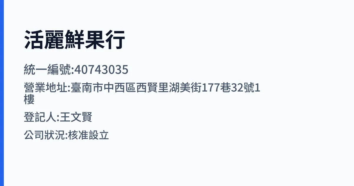 活麗鮮果行 - 統編 40743035(臺南市) 公司登記資料與營業項目詳細圖表